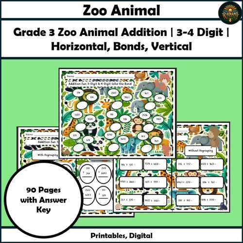 Grade 3 Zoo Animal Addition Math 3 4 Digit Regroup No Regroup Number Bond