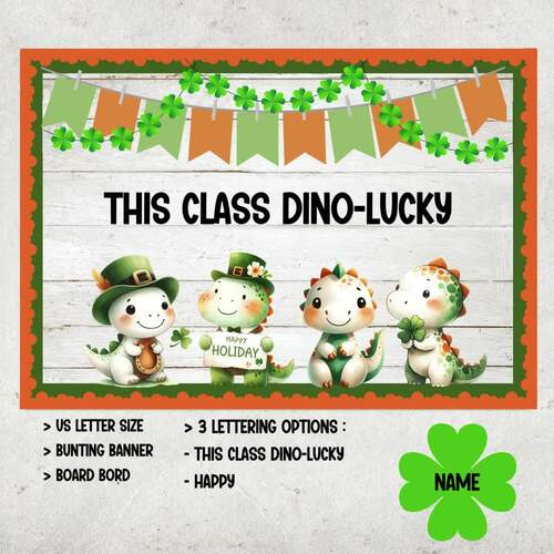 Dino-Lucky St. Patrick's Day Bulletin Board March Classroom Door Decor