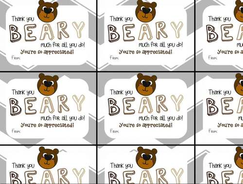 Teddy Grahams Teacher/ Staff Appreciation Treat Tag- Thank you BEARY much