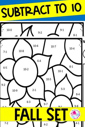 FALL COLOR BY NUMBER CODE SUBTRACTION TO 10 FACTS MATH COLORING WORKSHEETS
