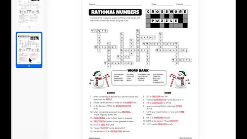Fractions Decimals Percents Crossword Puzzle Christmas Holiday Worksheet