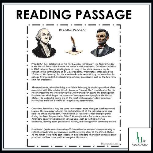 DIGITAL President's Day Reading Comprehension Activities | 6-8 ELA | No ...