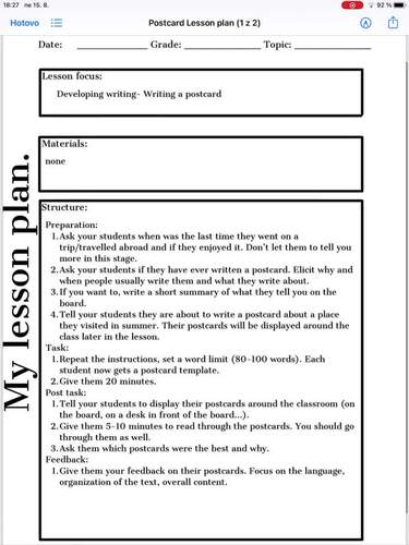 ESL Developing writing | Writing a postcard | Lesson plan with templates