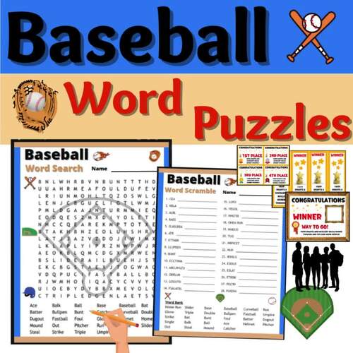 Baseball Word Search Puzzles Activity with Awards No Prep Resource