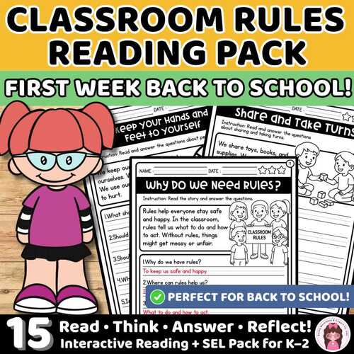Back to School Classroom Rules Reading Worksheets with Answer Keys for SEL