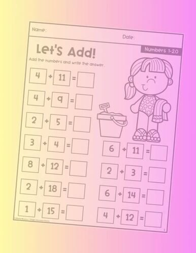 Summer Addition Worksheets | Adding Numbers 1-20 | Kindergarten to 1st ...
