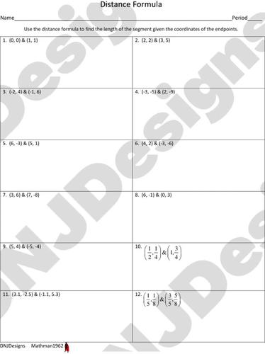 Distance Formula Printable/Handout/Worksheet by DNJDesigns and Mathman1962