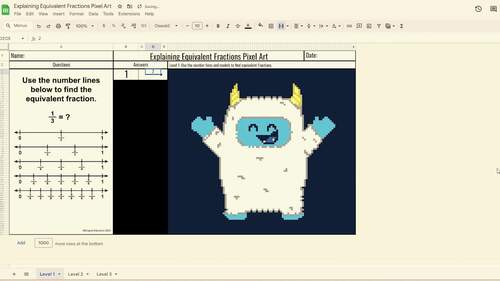 Google Sheets Pixel Art Explaining Equivalent Fractions TEKS 3.3G