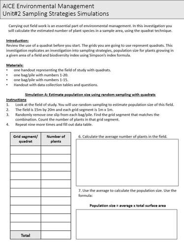 AICE Environmental AS Sampling Simulation Unit#2 Activity Practice Data ...