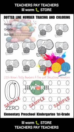 Yarn 0-9 DOTTED LINE NUMBER TRACING AND COLORING by lilworm | TPT