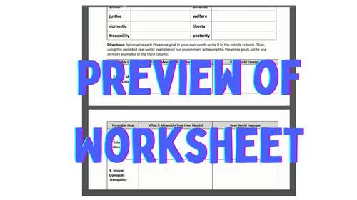 Preamble of the U.S. Constitution Lesson- Worksheet Assignment | TPT
