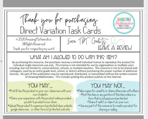 Direct Variation Task Cards - PDF & Digital by Amazing Mathematics