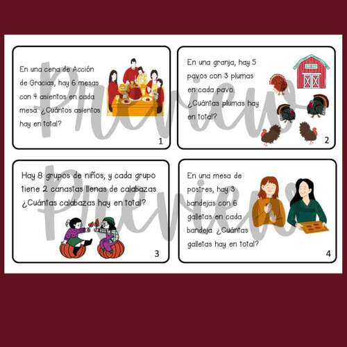 Tarjetas de Problemas de Multiplicación de Acción de Gracias | TPT