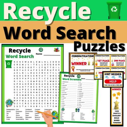 Recycle Word Search Puzzles Activity Recycling Earth Awards No Prep ...