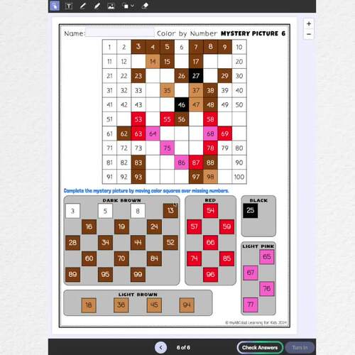 Morning Math 100s Chart Valentine's Day Color by Number Mystery Pictures