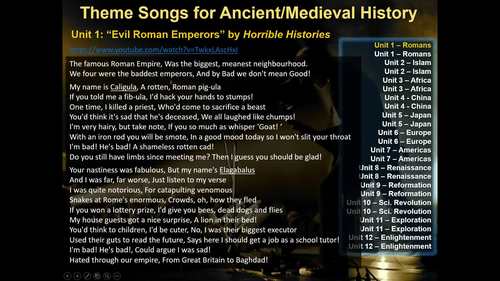 Theme Song for each week of 7th grade history: includes lyrics-images ...