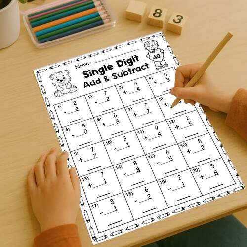 Single Digit Addition & Subtraction Worksheets - 1-Digit Math Set