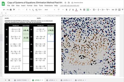 Digital Resource Pixel Art Math Systems of Equations | Elimination Method
