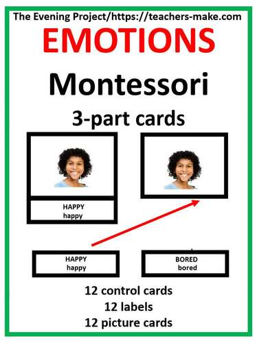 Emotions Montessori 3 -part cards for K+, Special Education and Autism