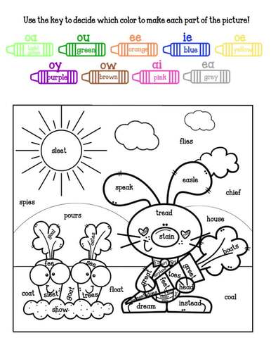 Spring Easter Color By Word PHONICS Vowel Teams Activity March April Bunny