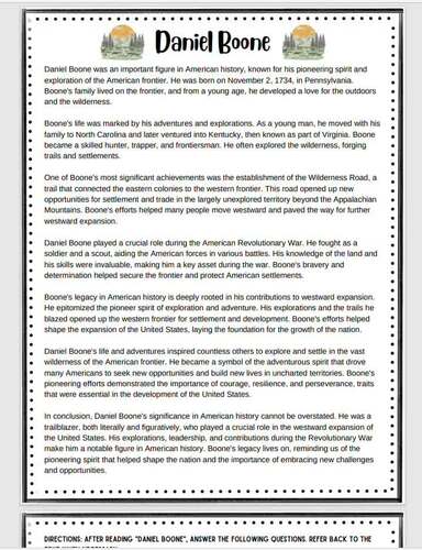 Daniel Boone Reading Comprehension Worksheet by A Dads Classroom