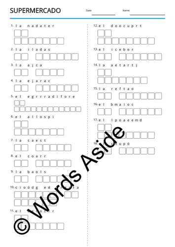 Spanish Word Games Cards Crossword Word Search Anagram SUPERMARKET