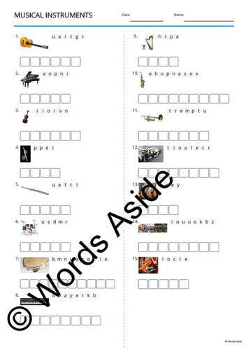 English Vocabulary Worksheets Cards Crossword Word Search Anagram MUSIC