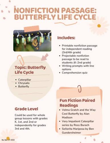 Butterfly Life Cycle (Nonfiction Passage, Writing Prompts, & Comp. Check)