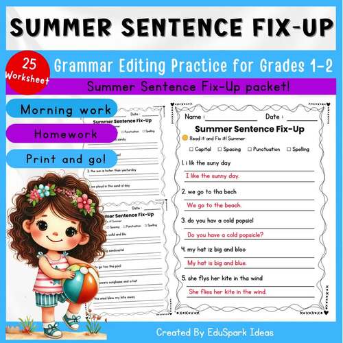 Summer Sentence Fix-Up | Grammar Editing Practice for Grades 1–2