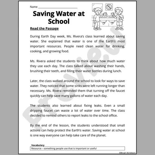 Earth Day Reading Comprehension | Grade 2–3 | Saving Water at School