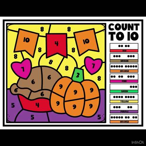 Kindergarten Thanksgiving Subitizing Color by Code Numbers to 10 Worksheets
