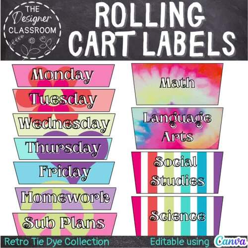 Rolling Cart Labels Canva Template | Retro Tie Dye Classroom Decor