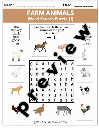 Farm Animals | Differentiated Word Search Puzzles by Word Puzzle Corner