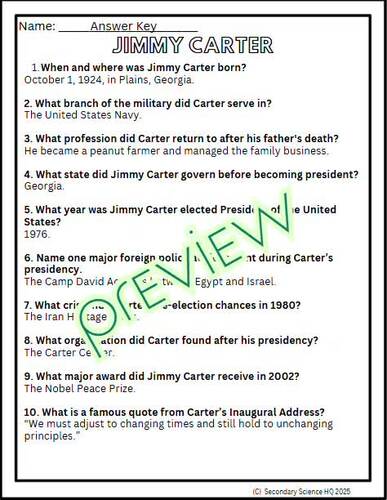 Jimmy Carter US President Study Guide Worksheet Coloring and Questions