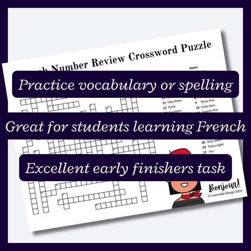 French numbers 0-69 review crossword puzzle (FSL) by Learnable Design