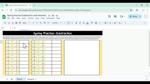 Spring Math Fraction Subtraction with unlike denominator Pixel Art Activity