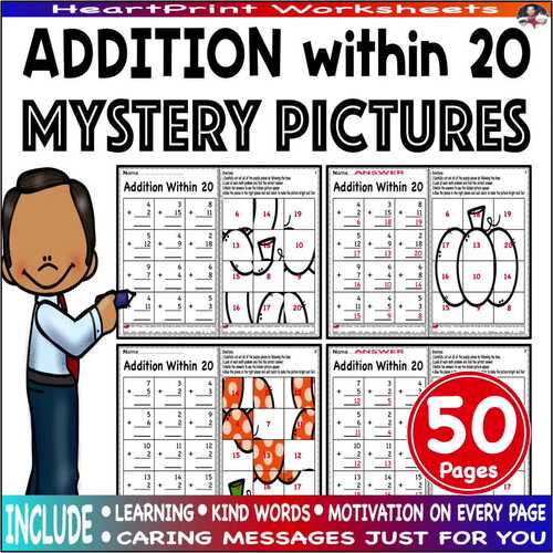 Addition within 20 with Regrouping Mystery Pictures fun worksheets ...