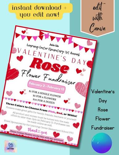 Editable Valentine's Rose Fundraiser, School PTO/ PTO, Church Fundraiser