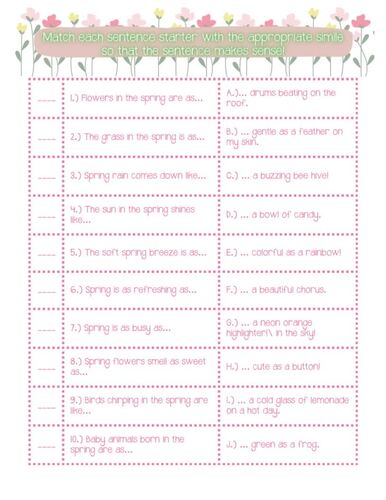 Spring Figurative Language Simile & Metaphor Matching No Prep May #aprilue2