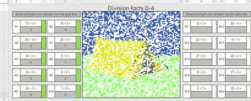 Digital Math Pixel Art Mystery Picture 3rd Grade Fluency Division Facts 0-4