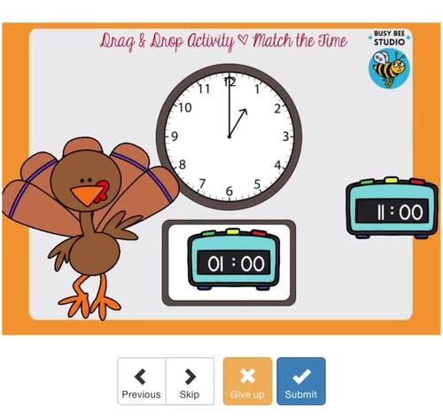 Thanksgiving Telling Time Boom Cards Game | Hours by Busy Bee Studio