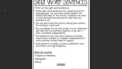 Sight Word Practice Sentences and Sight Word Mats - Morning Work - Centers