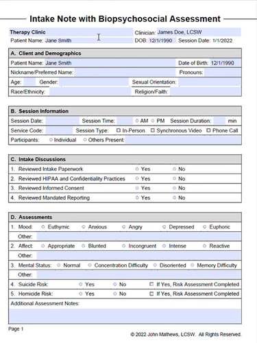 Intake Note With Biopsychosocial Assessment Template PDF Fillable 