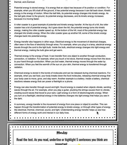 Energy Transfer Reading Passage | 5-Day Bellringers, Science ...