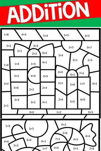 Christmas Addition Color by Number Sums to 10 by Primary Piglets