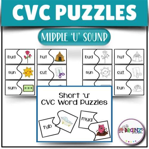 Short 'U' Vowel CVC Word Puzzles | Color & Black-and-White | Phonics ...
