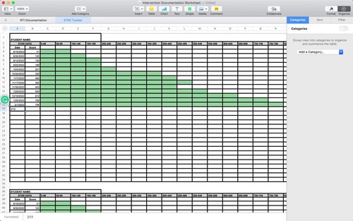 RTI MTSS Intervention Tier data tracking and documentation spreadsheet