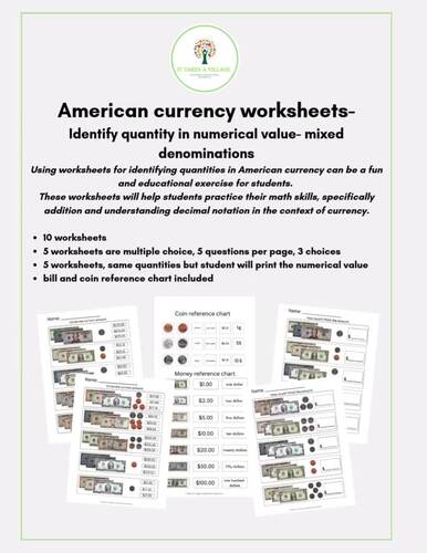 Money worksheets-adds mixed denominations-American currency(ABLLS-R & AFLS)