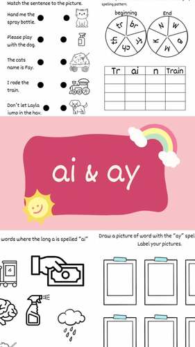 Ai and ay worksheets, long a, guided reading, phonics, orton Gillingham