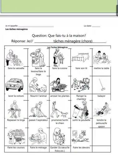 Les Tâches Ménagères - French Chores Completely Printable Notes Page